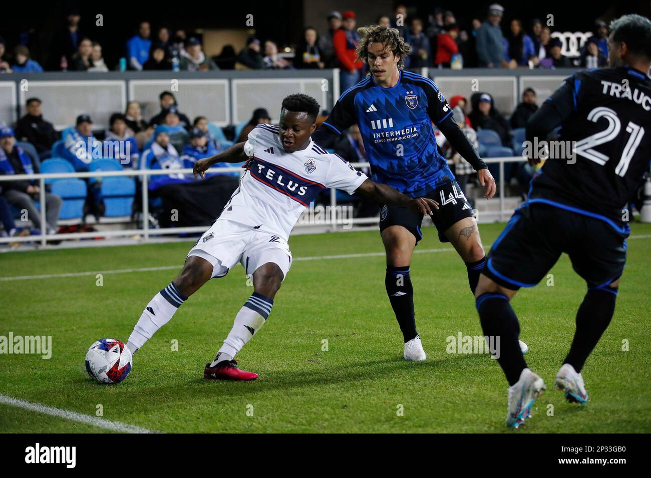 Vancouver Whitecaps defender Javain Brown works with the ball near San ...