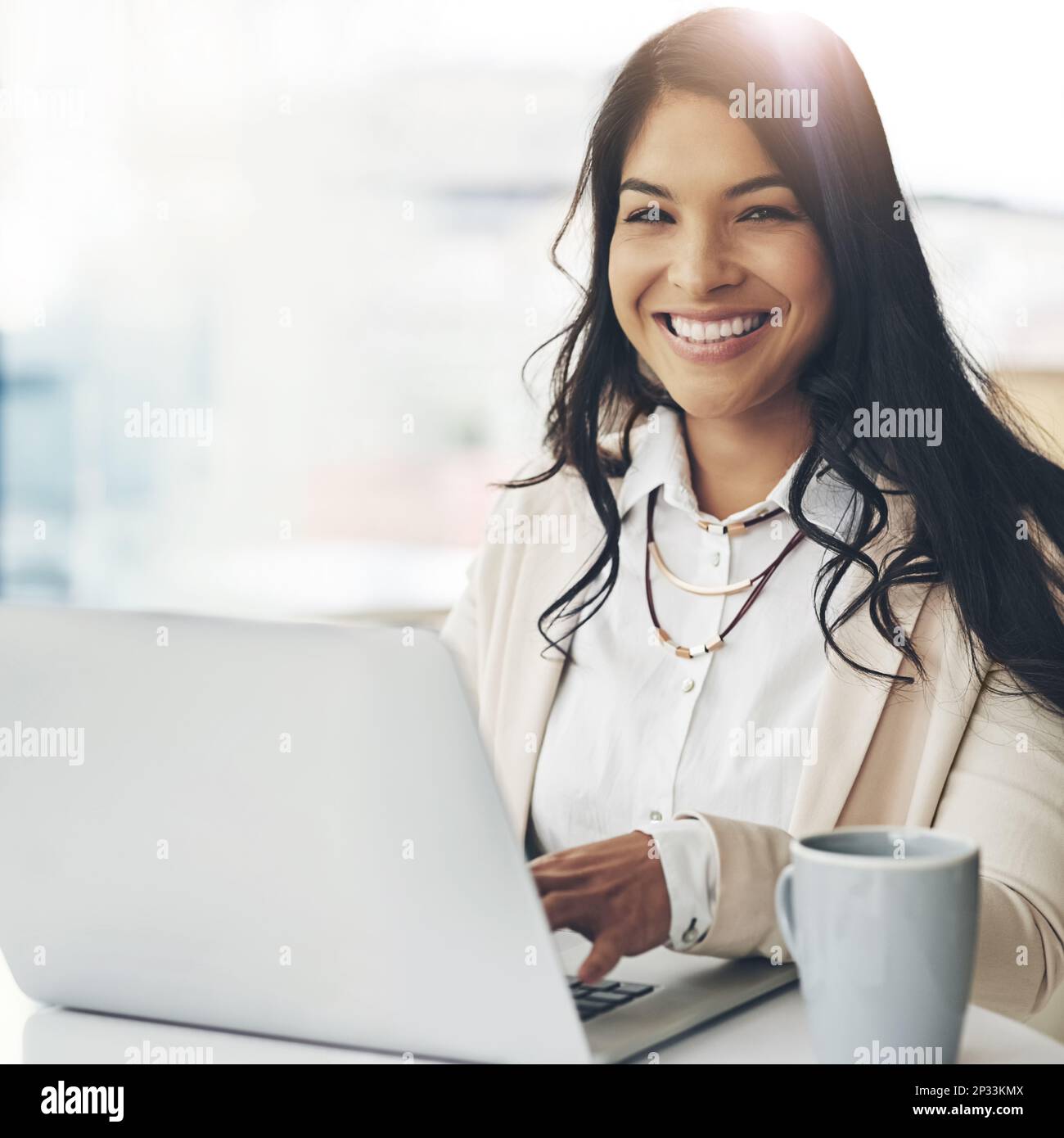 Business woman, laptop and portrait in office with vision, internet ...