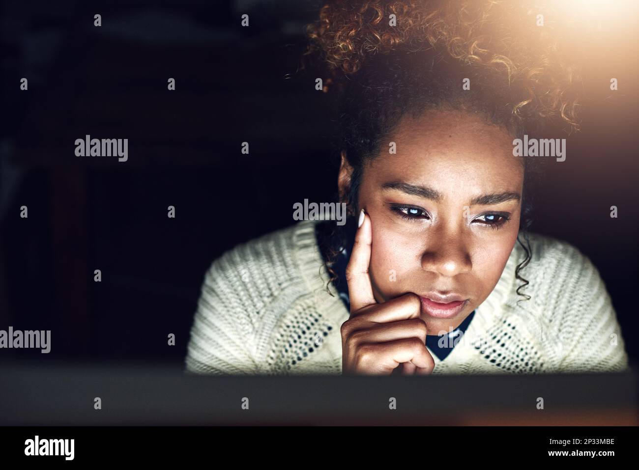 Web designer, face of black woman and thinking, night shift and reading ...