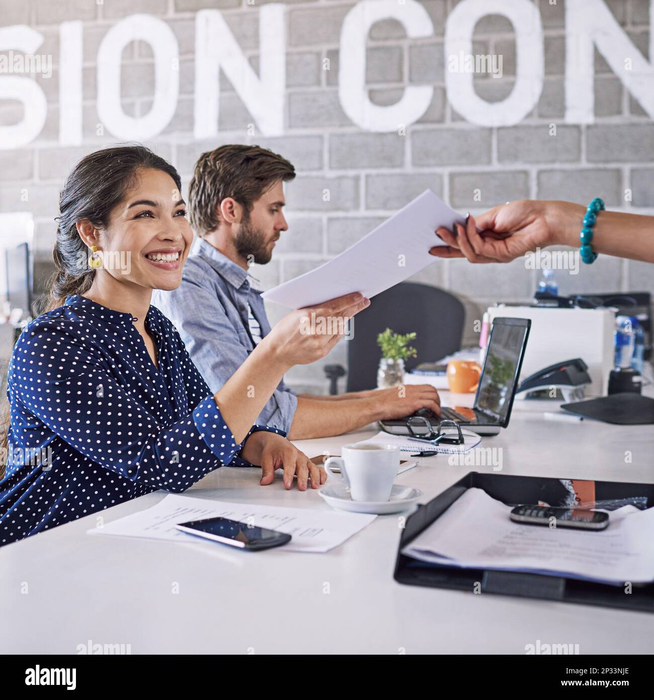 Woman in office teamwork giving documents for business proposal, startup mission and career ...