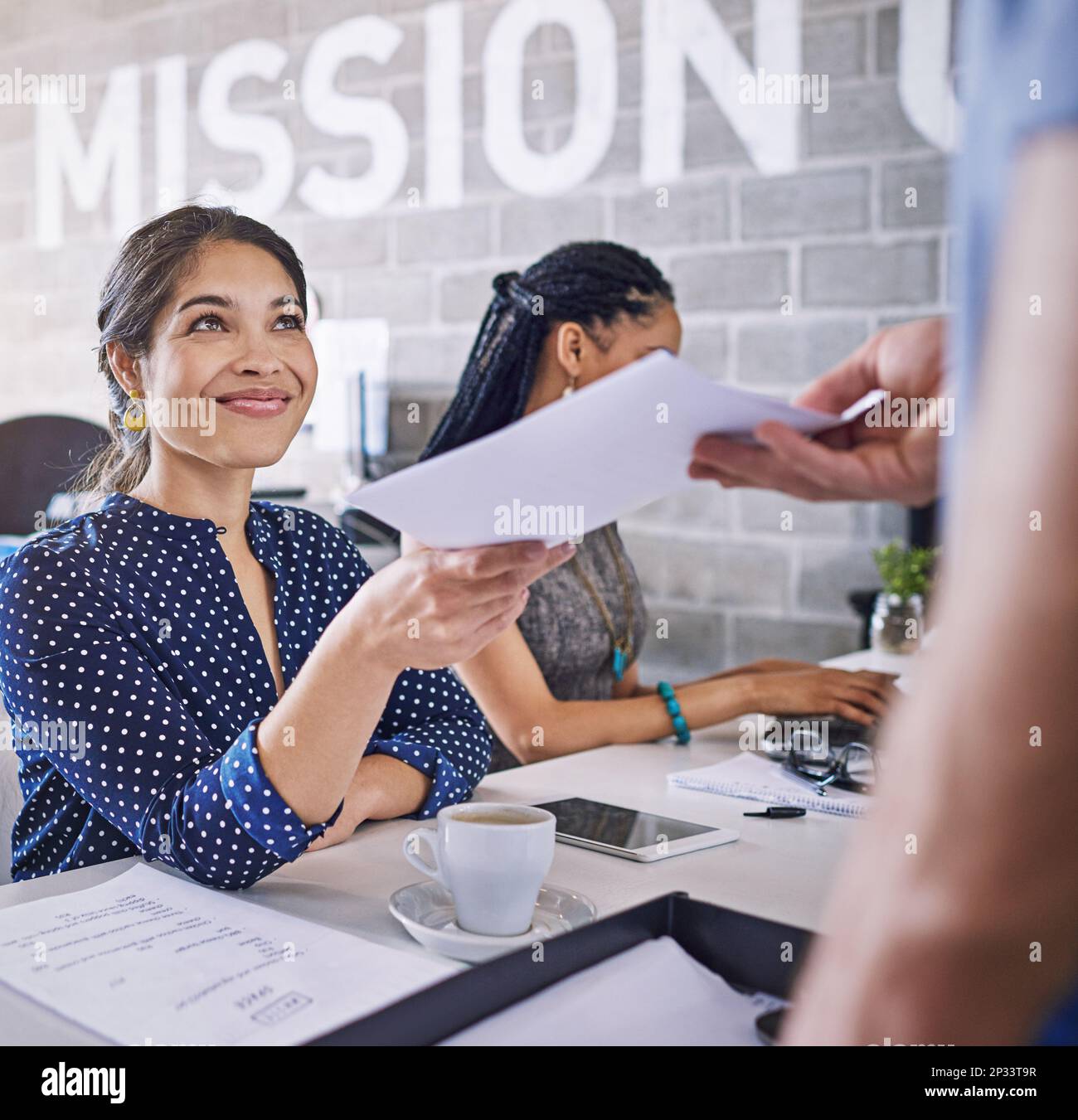 Happy woman in office giving documents for business proposal, startup mission and career ...