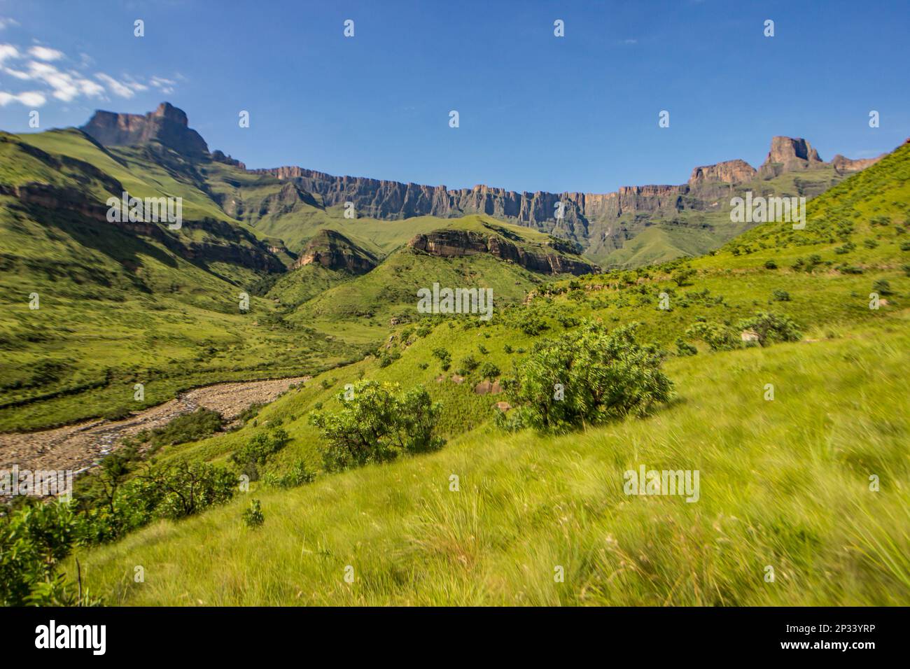 The Amphitheater on a clear sunny summer’s day in the Drakensberg ...