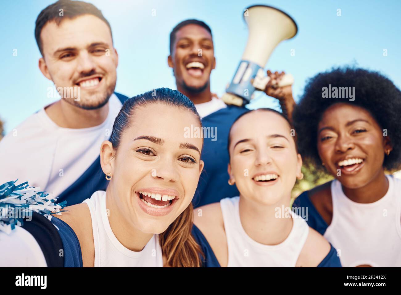 Cheerleader selfie, sports portrait or happy people cheerleading with ...
