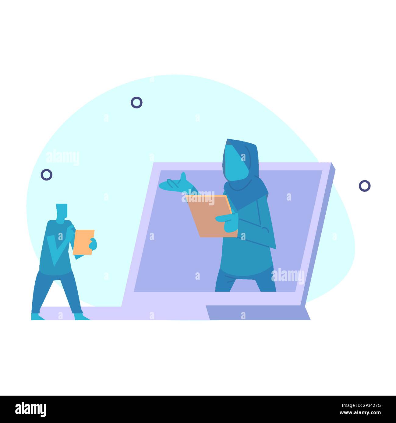 businessman from inside a laptop, giving directions to his client ...