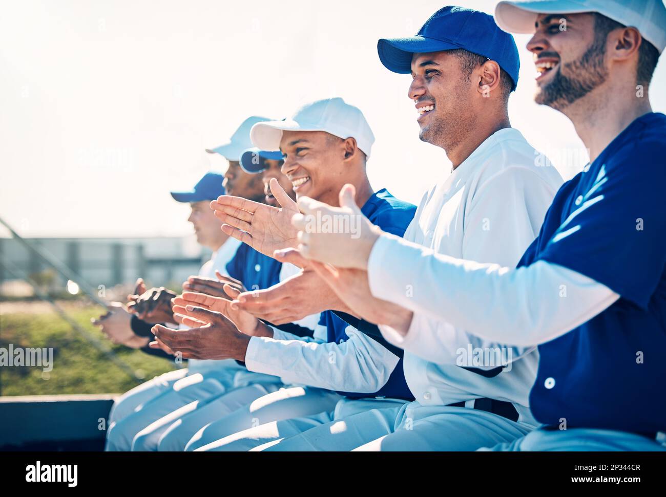Baseball, sports celebration and team applause for game victory ...
