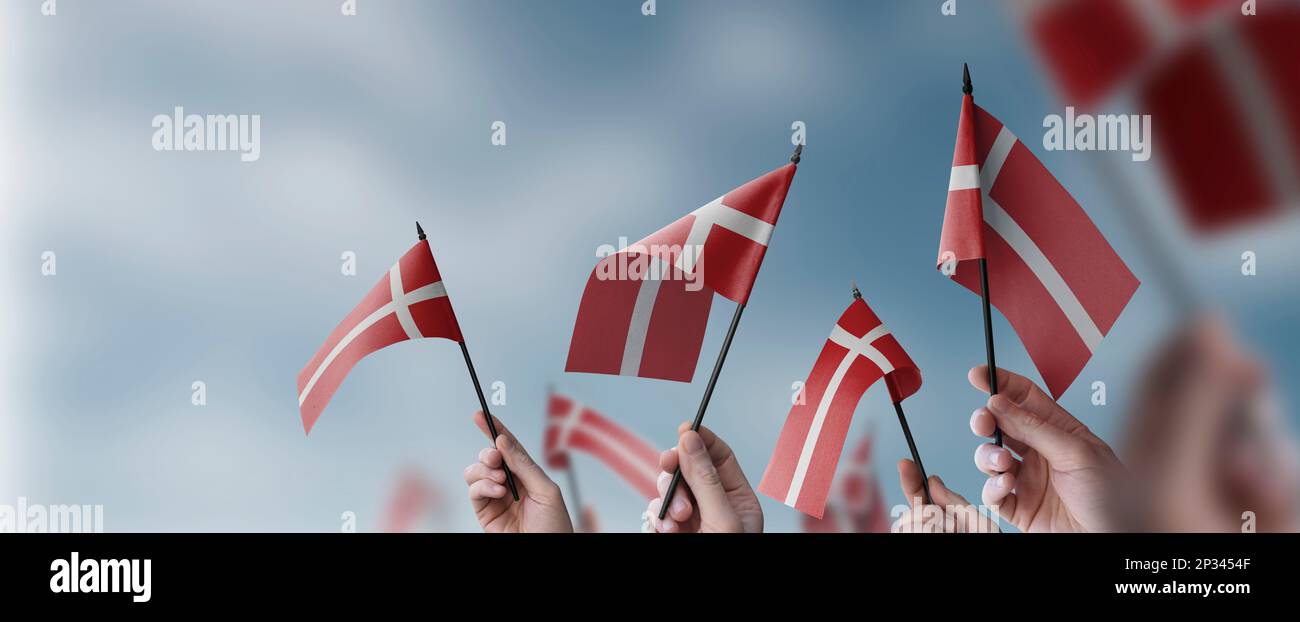 A group of people holding small flags of the Denmark in their hands ...