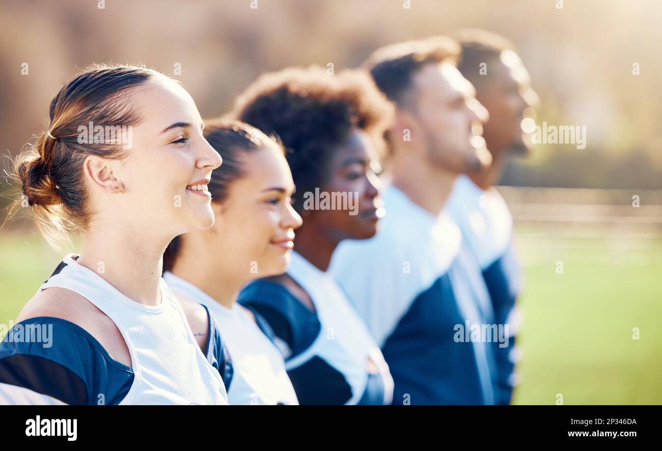 Cheerleaders, sports line or people cheerleading with support, hope or ...