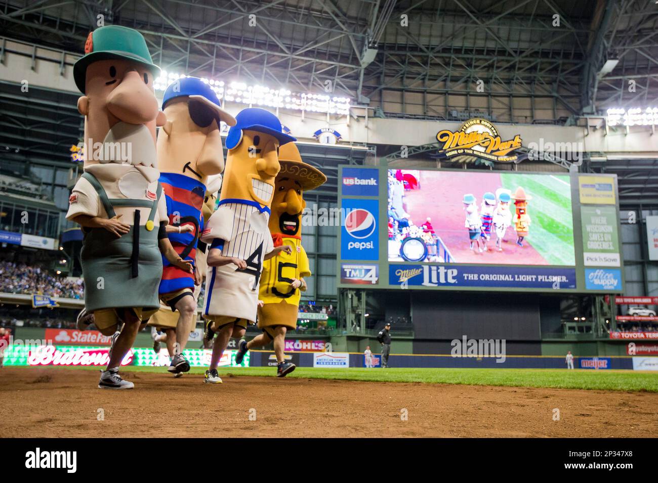 April 24th, 2015: The racing sausages race around miller park infield ...