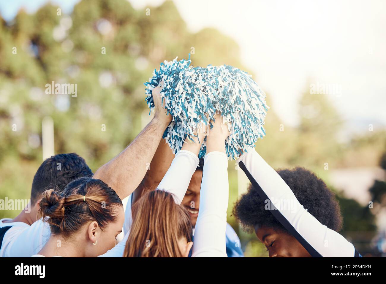 Cheerleaders, sports motivation or people in huddle with support, hope ...