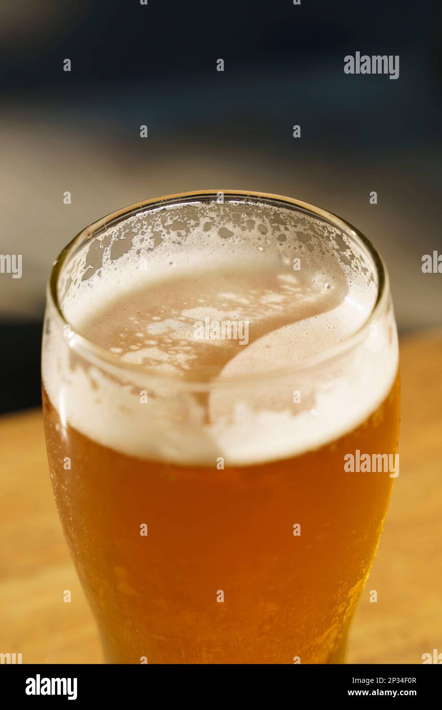 A glass of beer on the table of a beer bar. Amber Lager alcoholic drink ...