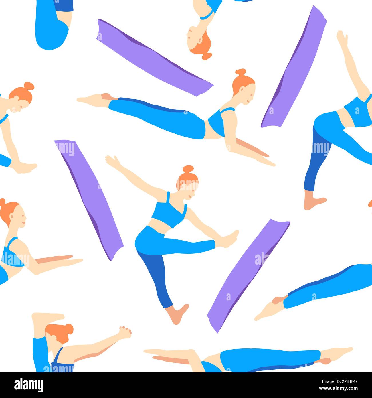 Yoga poses with mat seamless pattern wallpaper. Ginger European female ...