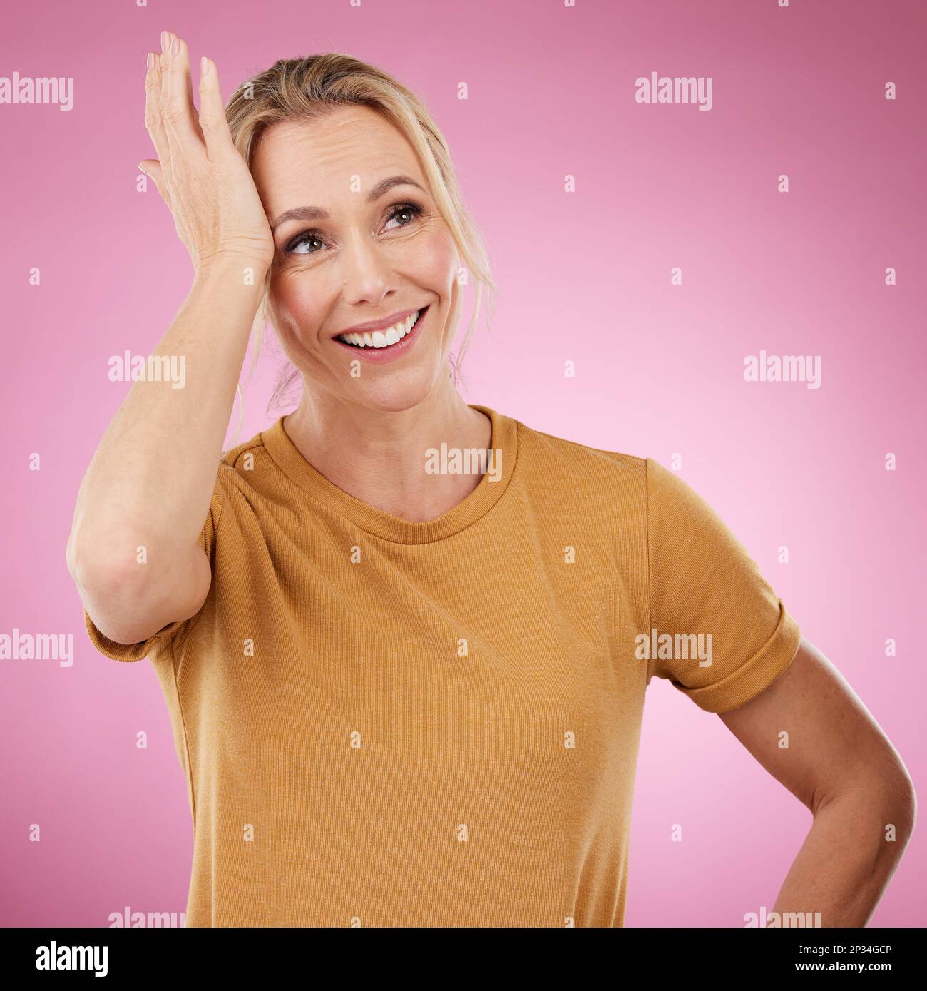 Thinking, wow and eureka with a woman in studio on a pink background ...