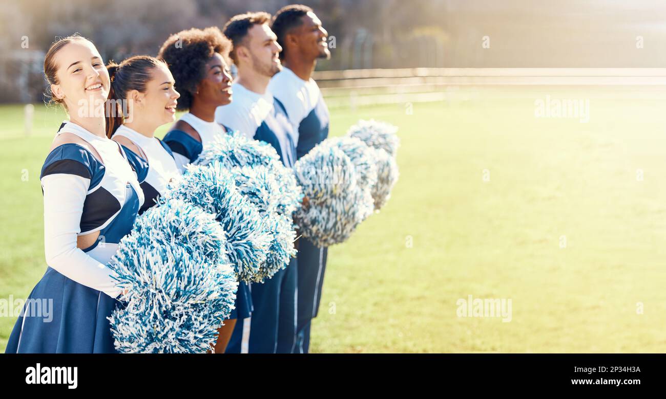 Cheerleader, stadium field or people cheerleading in huddle with ...