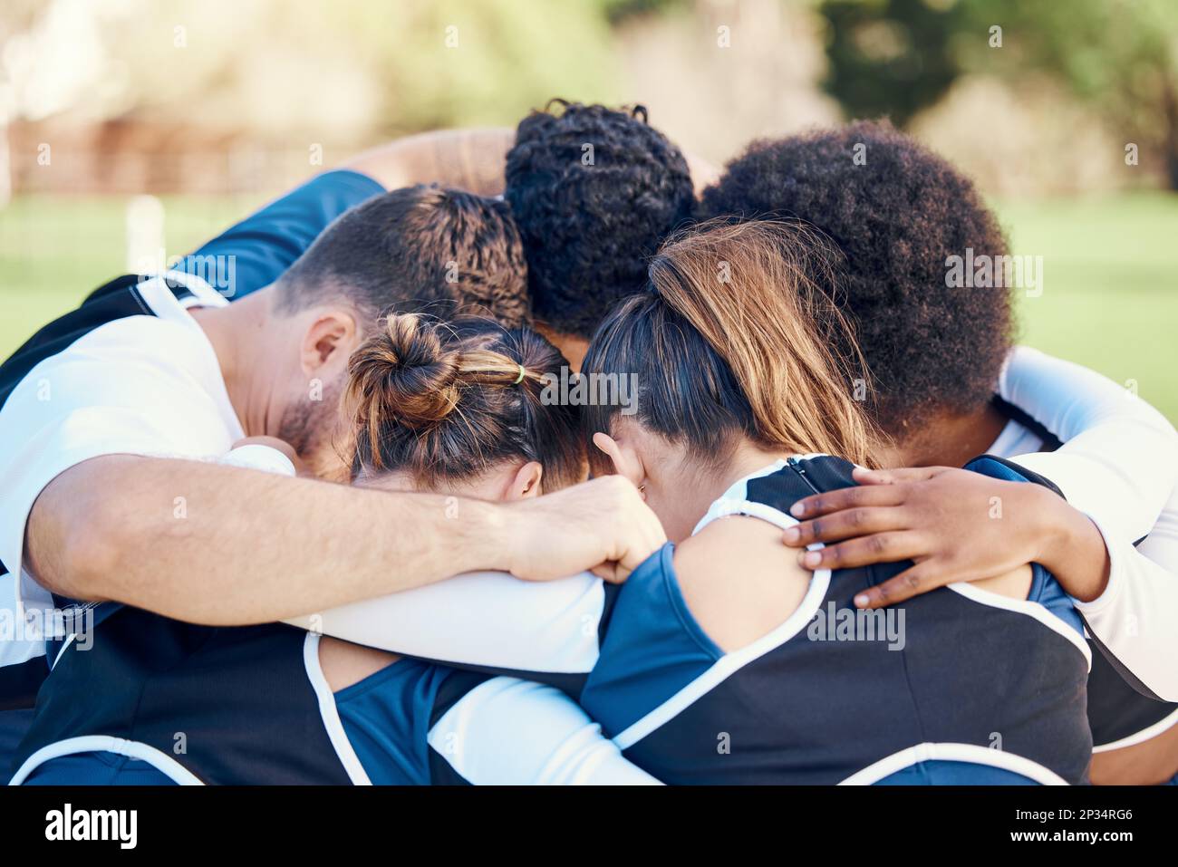 Cheerleaders, sports teamwork or people in huddle with support, hope or ...