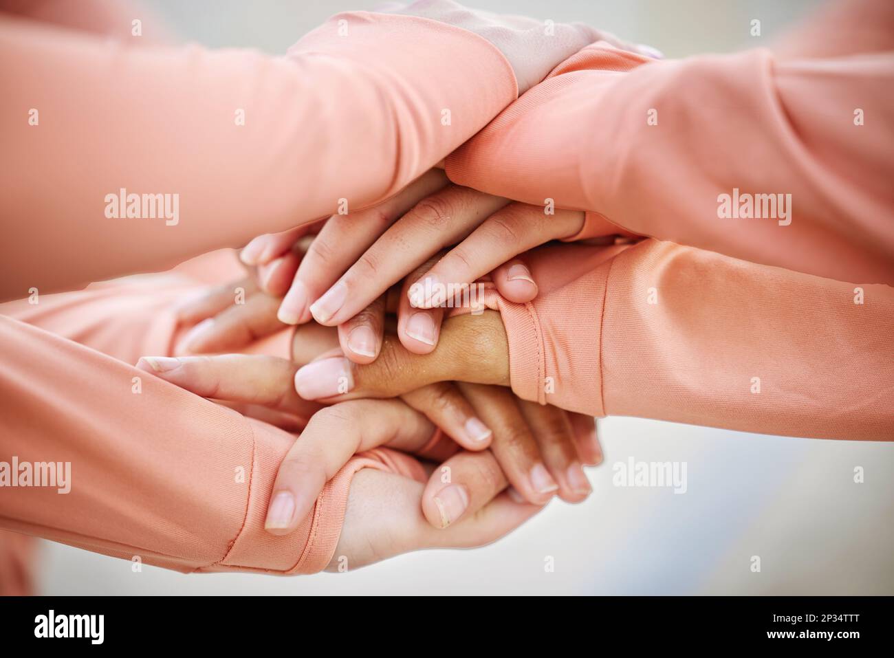 Hands together, teamwork and collaboration for sports, team building or motivation. Solidarity ...