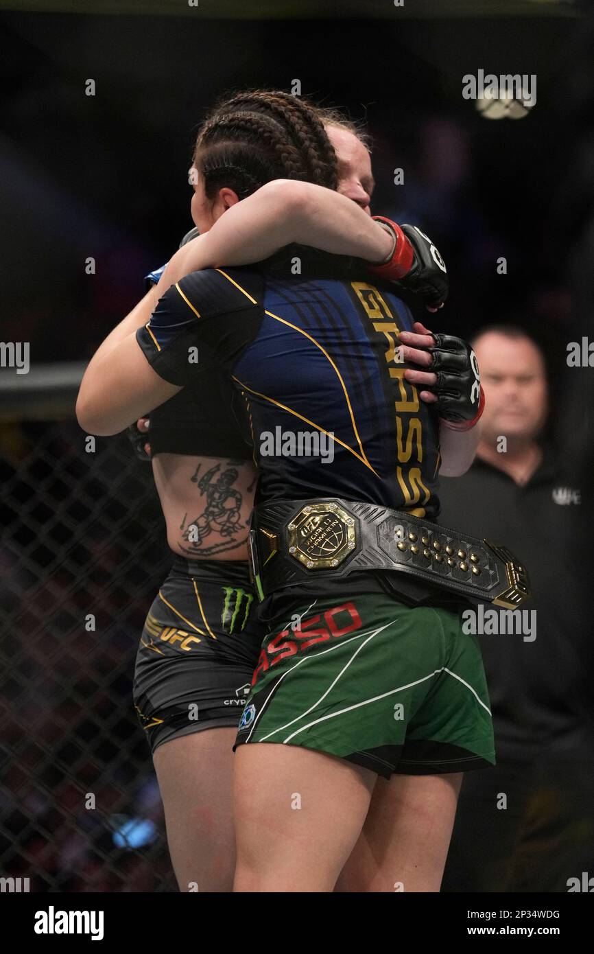LAS VEGAS, NV - MARCH 4: (L-R) Valentina Shevchenko greets Alexa Grasso ...
