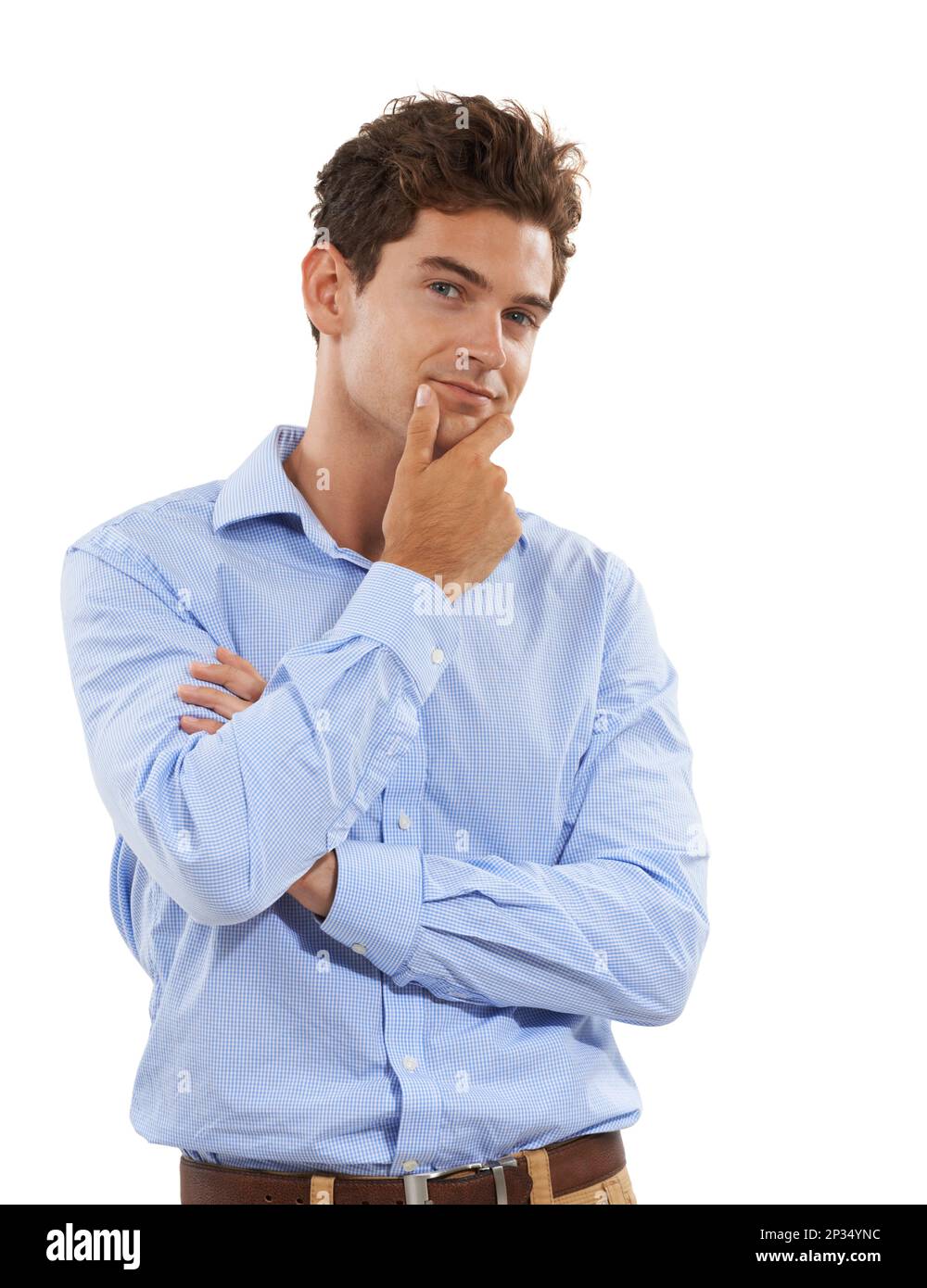Thinking, portrait and businessman wondering a decision and ...