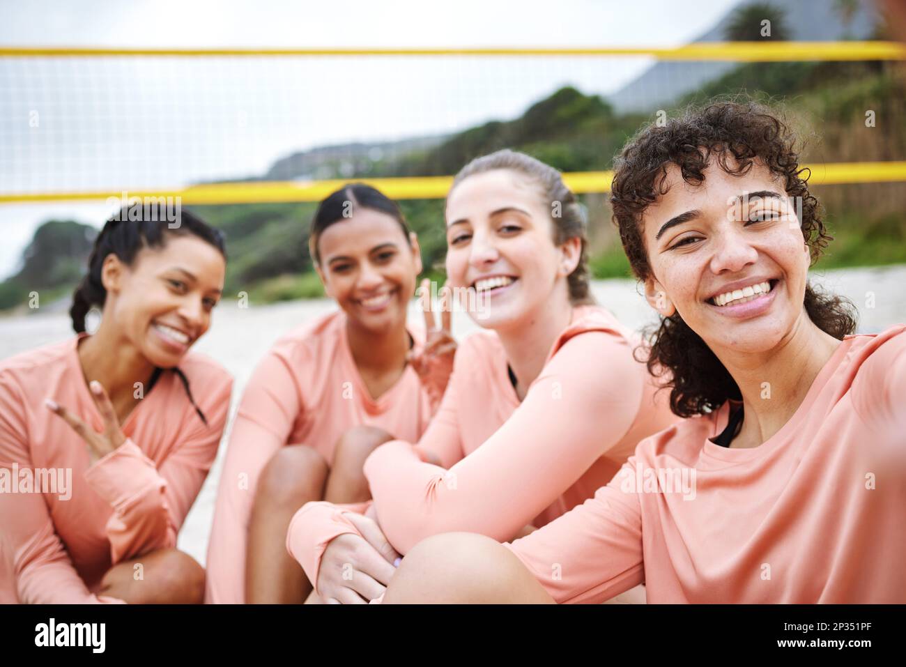 Volleyball women team, beach selfie and peace sign in portrait with ...