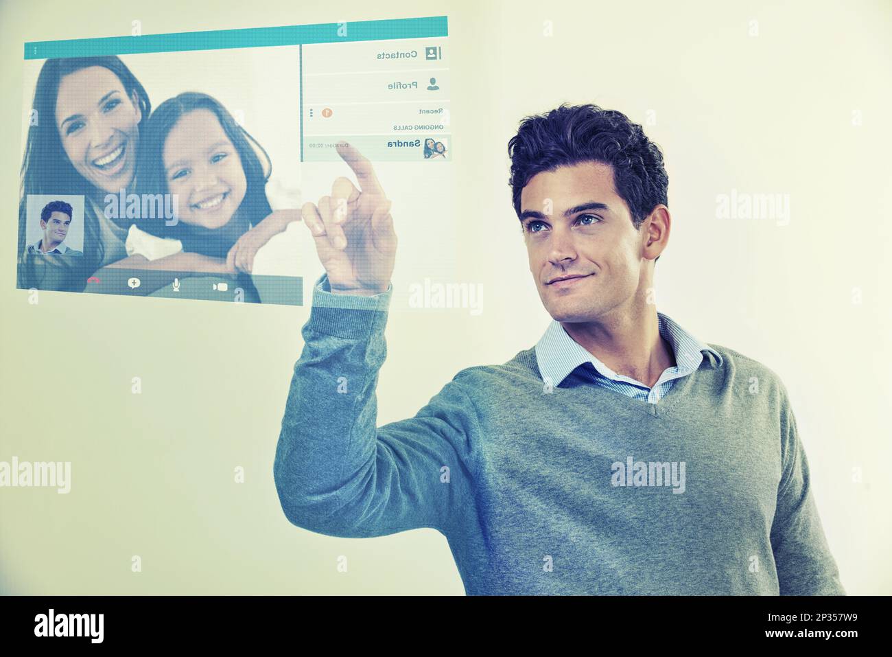 Future, man or hologram for chat, connection or digital discussion with ...