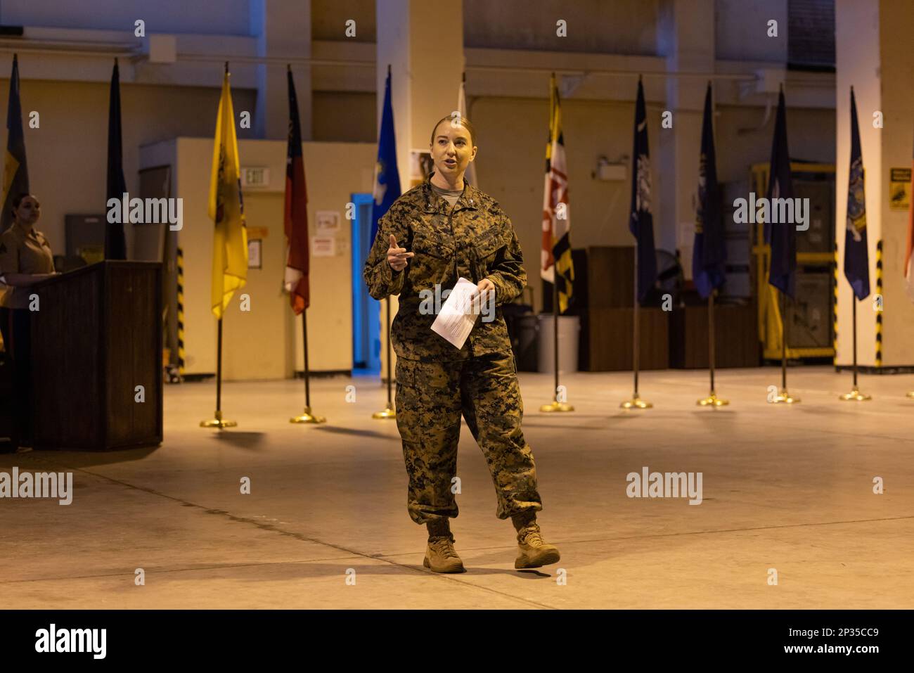 U.S. Marine Corps Lt. Col. Nicole Penn gives a speech to the Marines ...