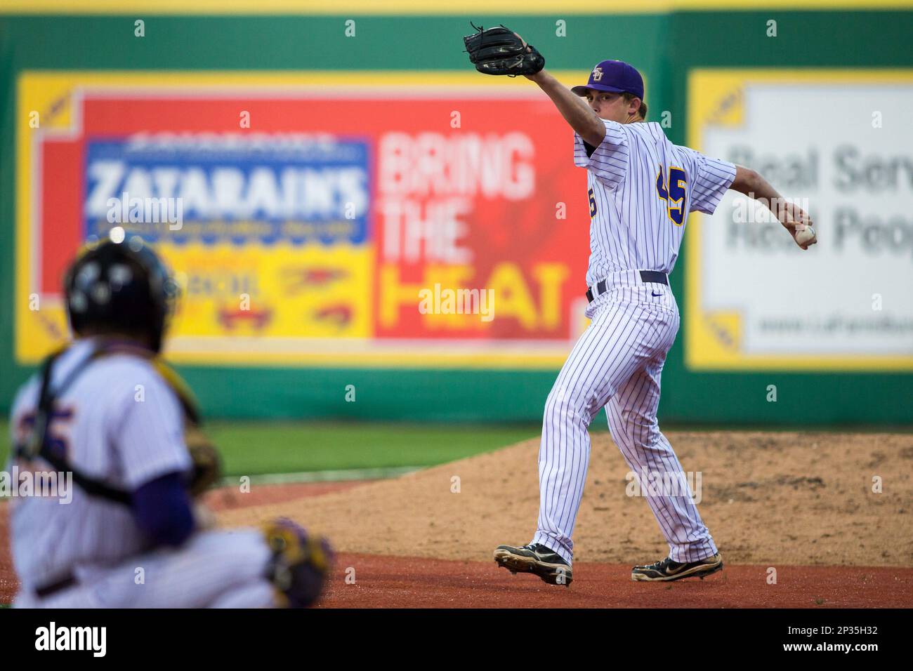 April 21, 2015: LSU Tigers pitcher Russell Reynolds (45) warming up ...