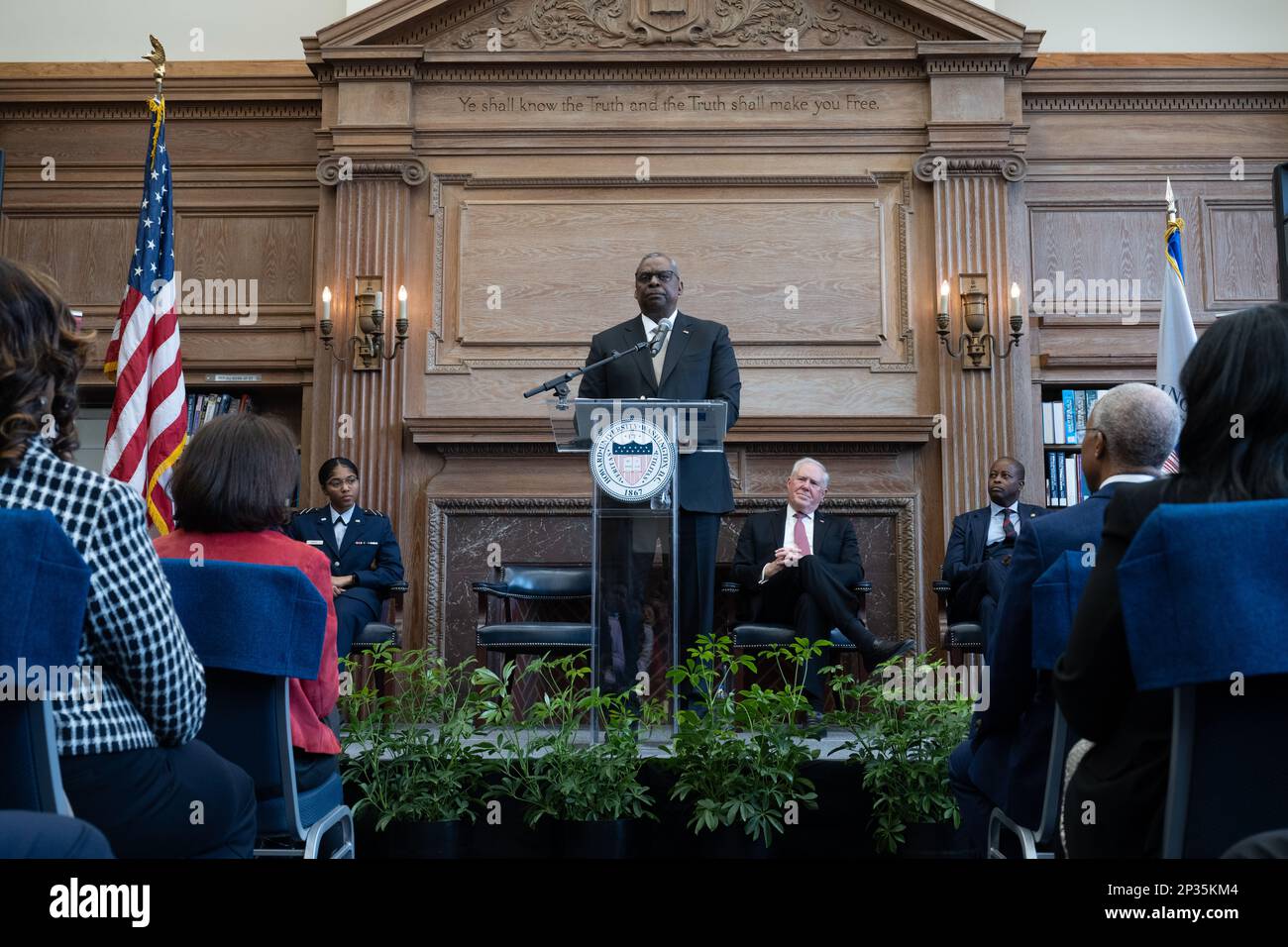 Secretary of Defense Lloyd J. Austin III speaks at an event with ...