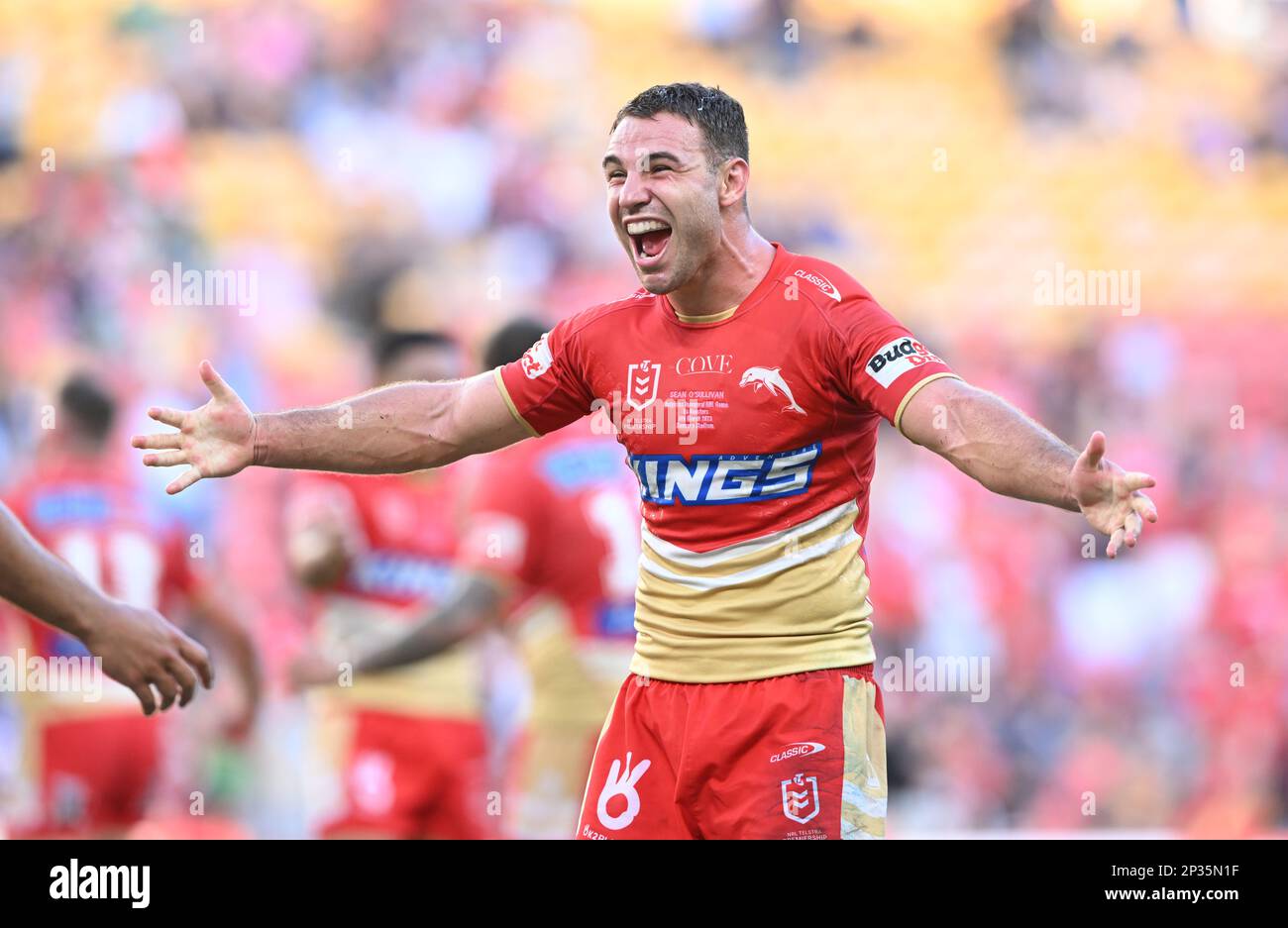 Sean O’Sullivan of the Dolphins celebrates their win following the NRL ...