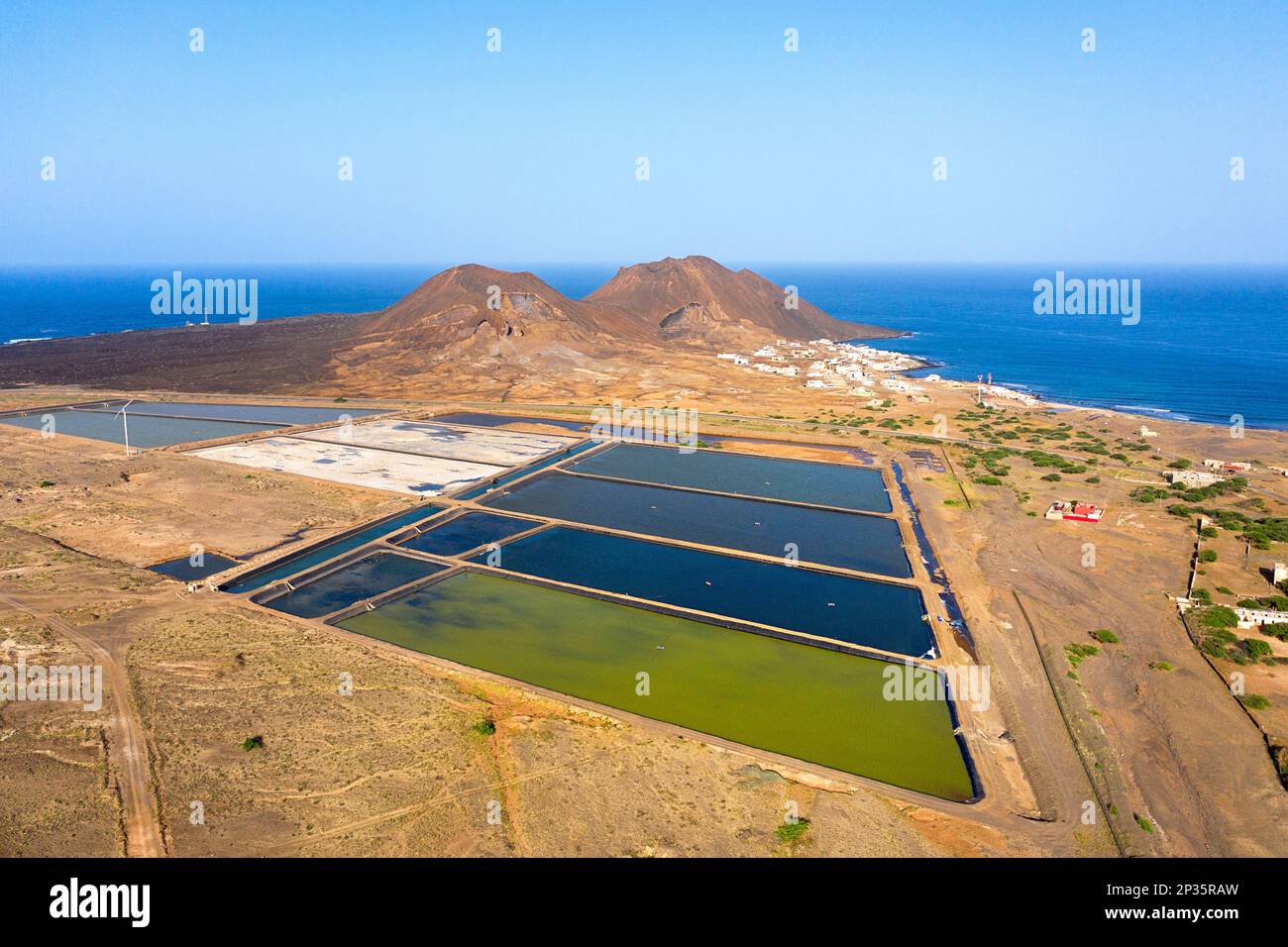 Aerial view of the pools of the shrimp farm near Calhau village on Sao ...