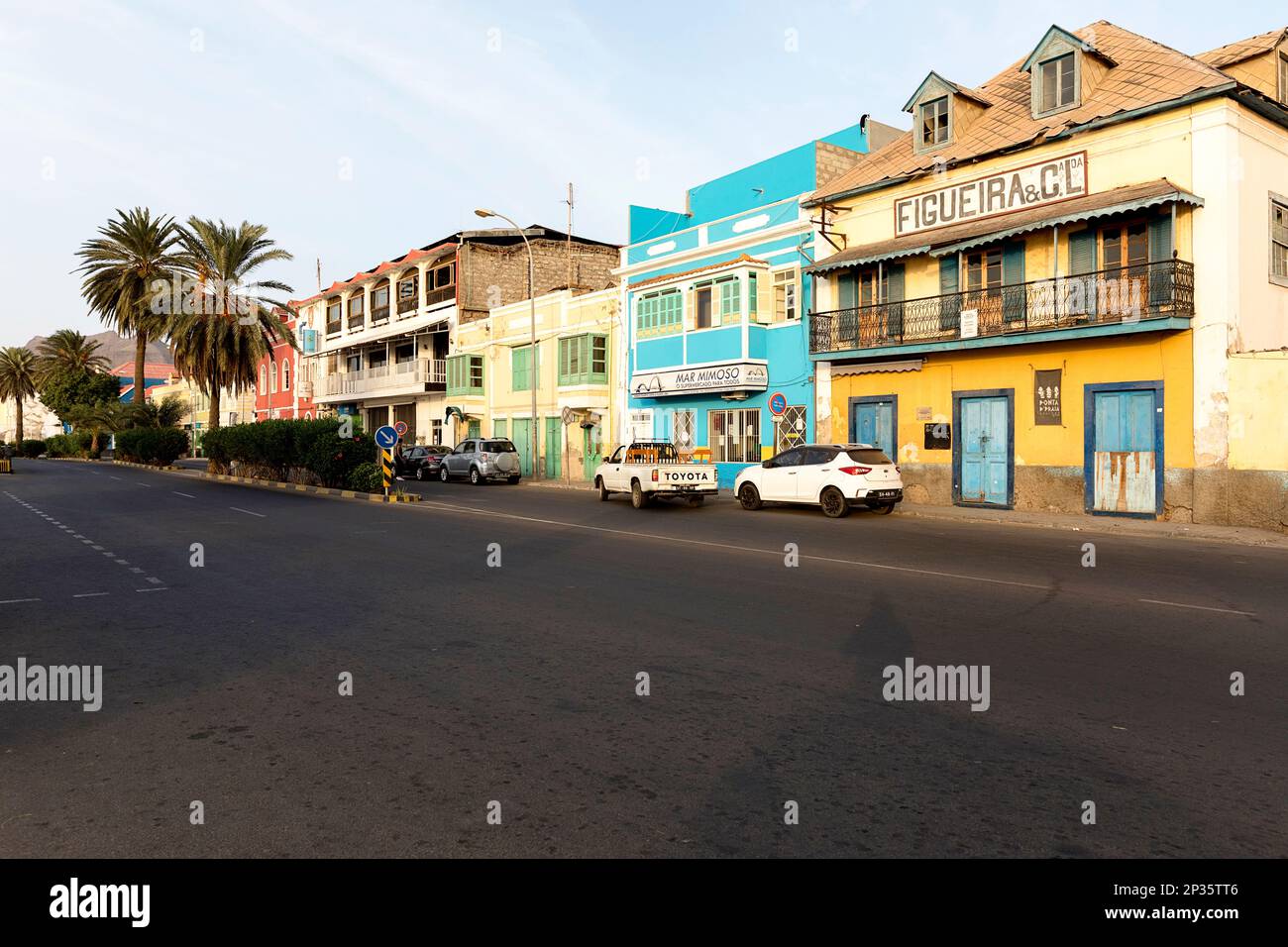 Beautiful, colourful, old historical buildings on Avenida Marginal road ...