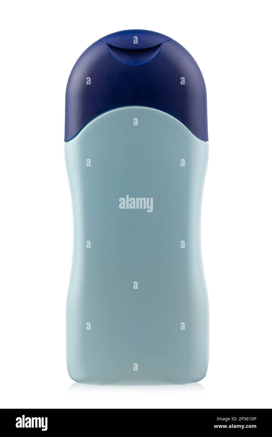 Plastic blue shampoo bottle. Isolated on a white background. Without ...