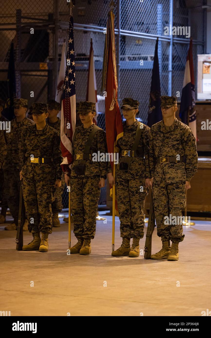 U.S. Marines with Marine Wing Support Squadron (MWSS) 172 stand at ...