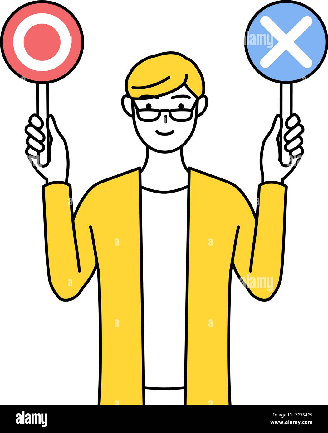 A casually dressed young man holding a stick indicating correct and ...