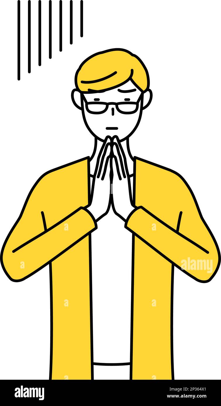 A casually dressed young man apologizing with his hands in front of his ...