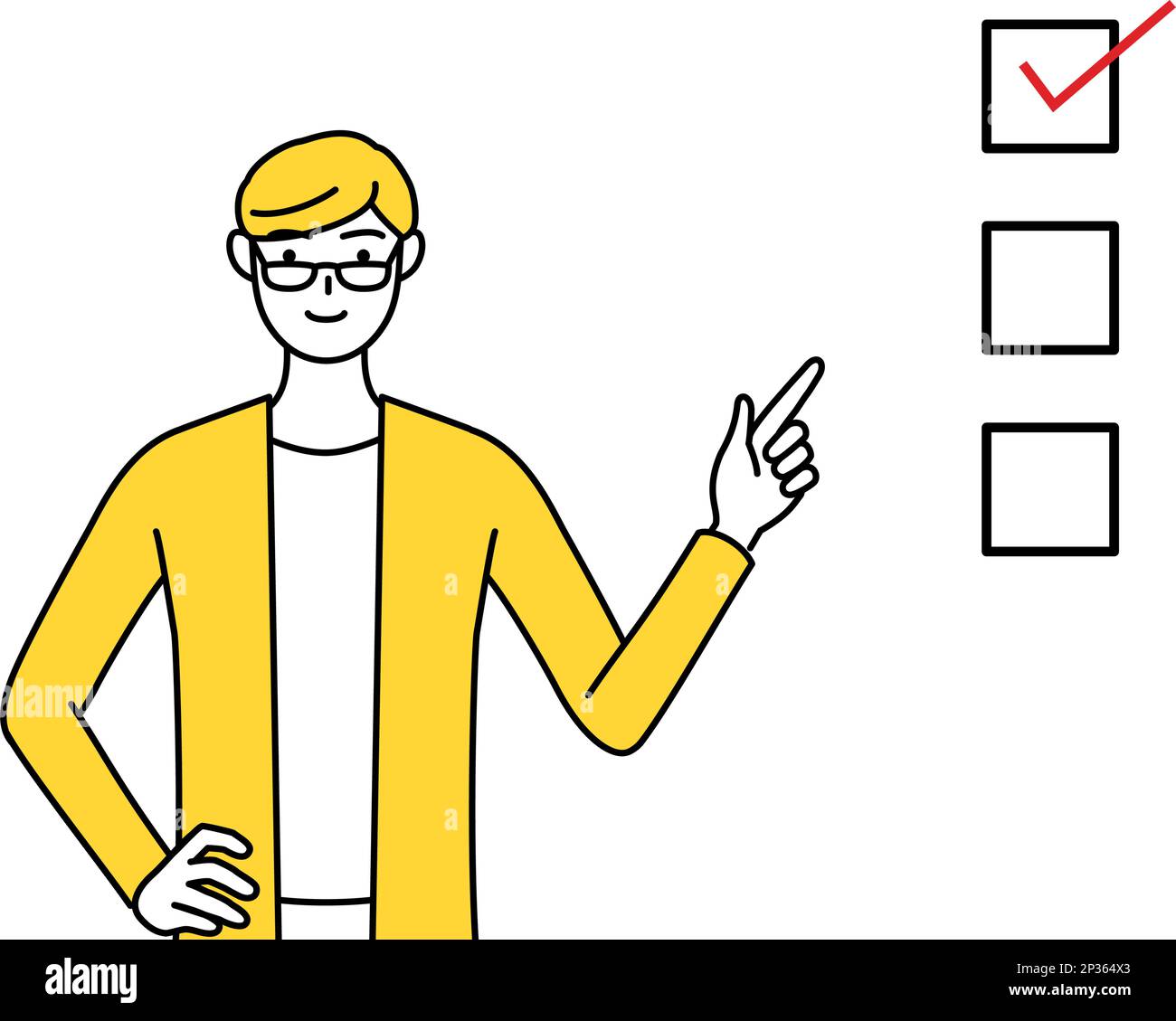A casually dressed young man pointing to a checklist, Vector ...