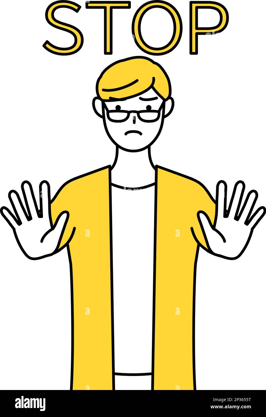 A casually dressed young man with his hand out in front of his body ...