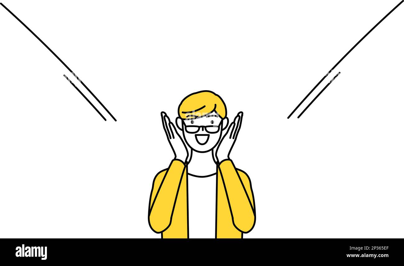 A casually dressed young man calling out with his hand over his mouth ...