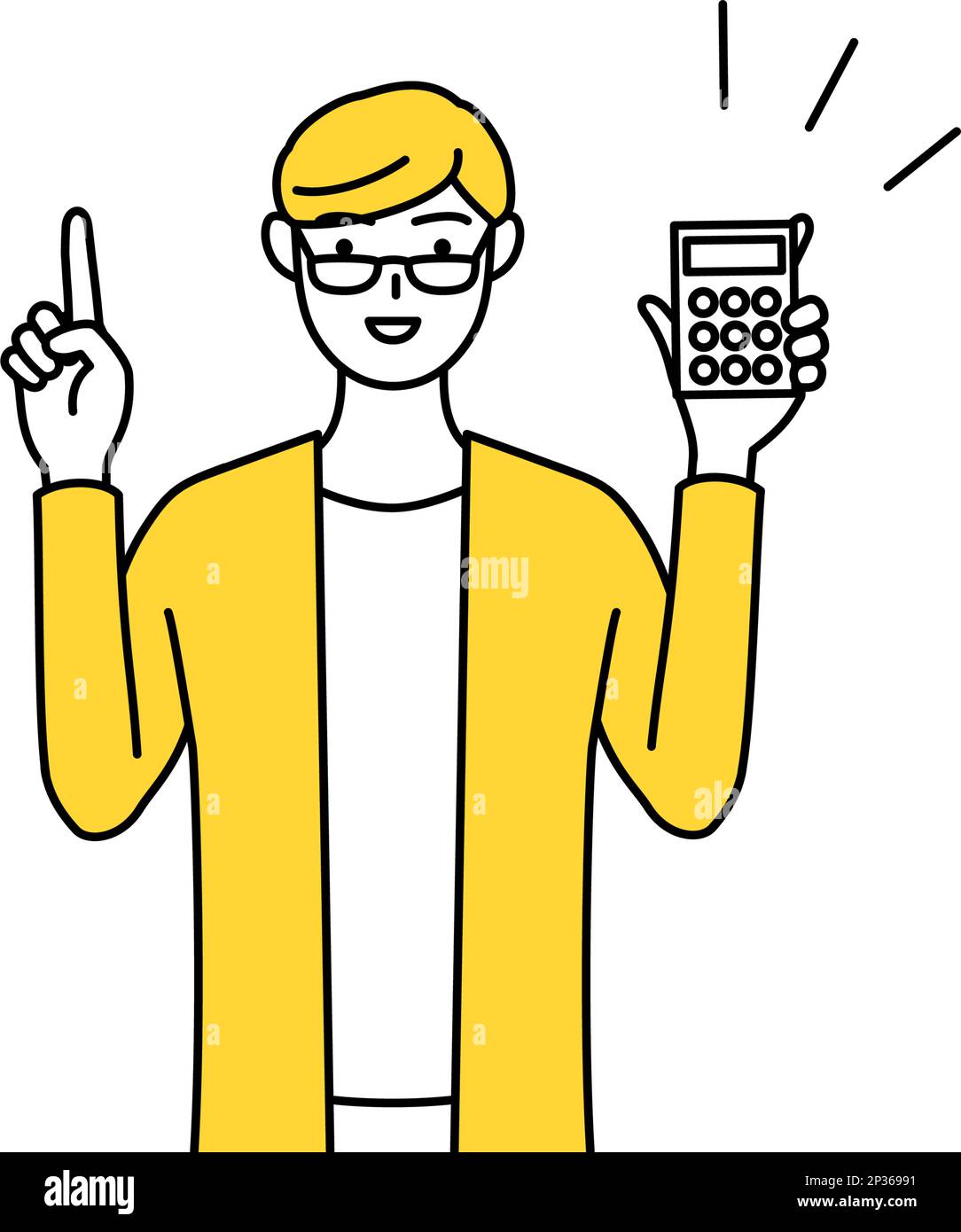 A casually dressed young man holding a calculator and pointing, Vector ...