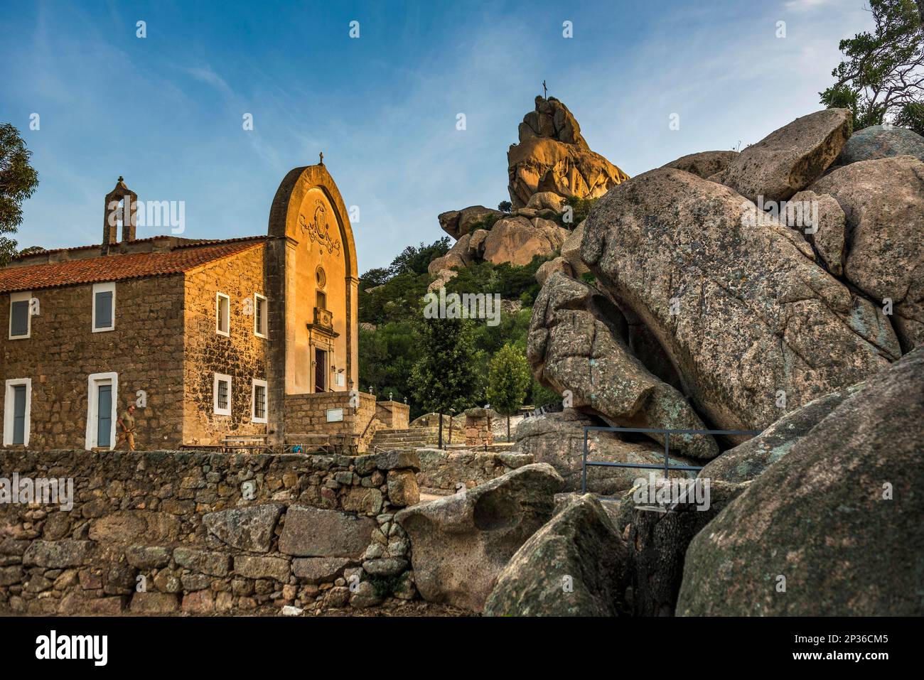 Church and granite rocks, sunrise, Ermitage de la Trinite, Bonifacio ...