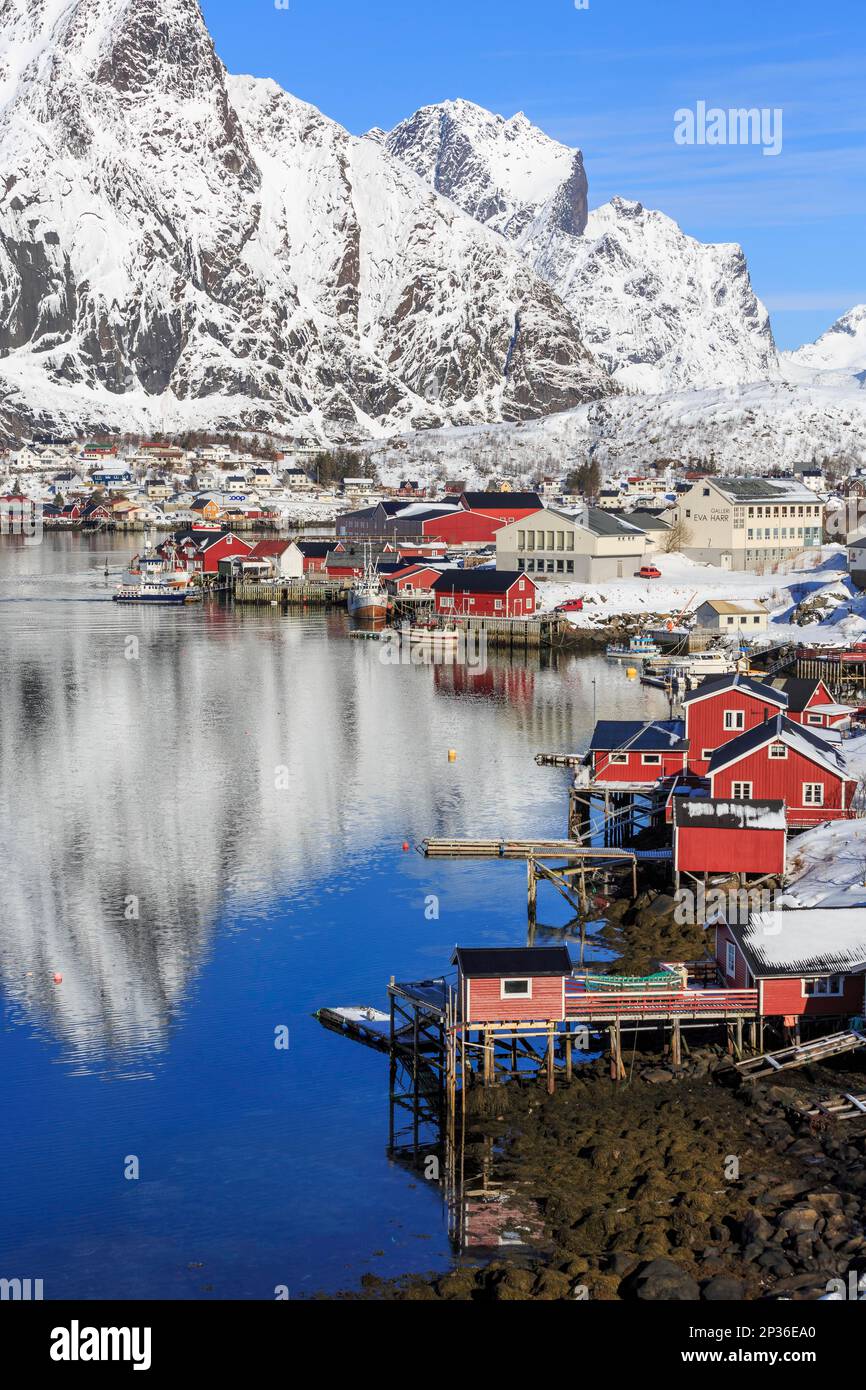 Village view Reine, winter, snow-covered mountains in the back, Reine ...