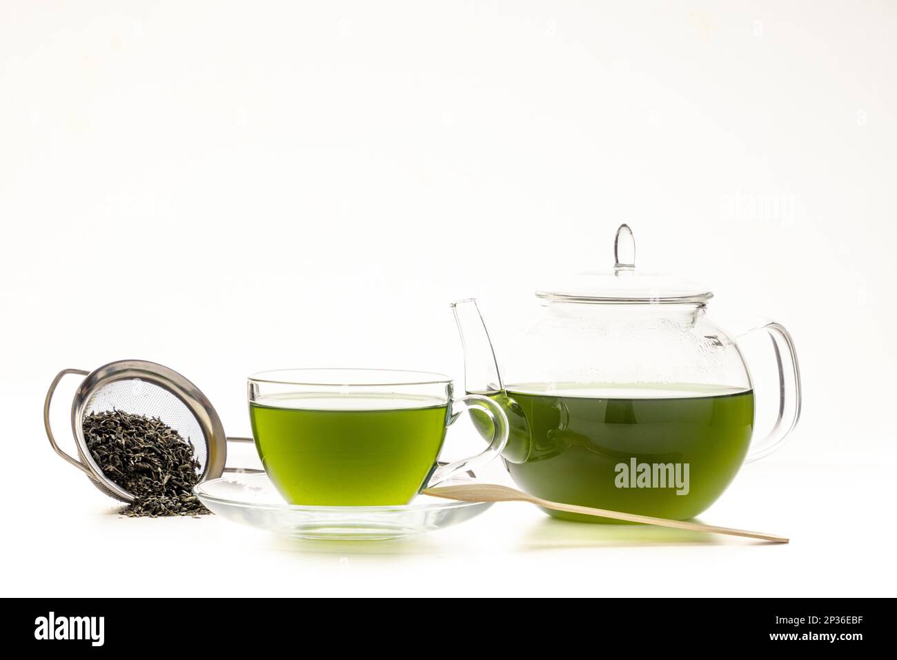Green tea in glass pot and cup, healthy, white background Stock Photo ...