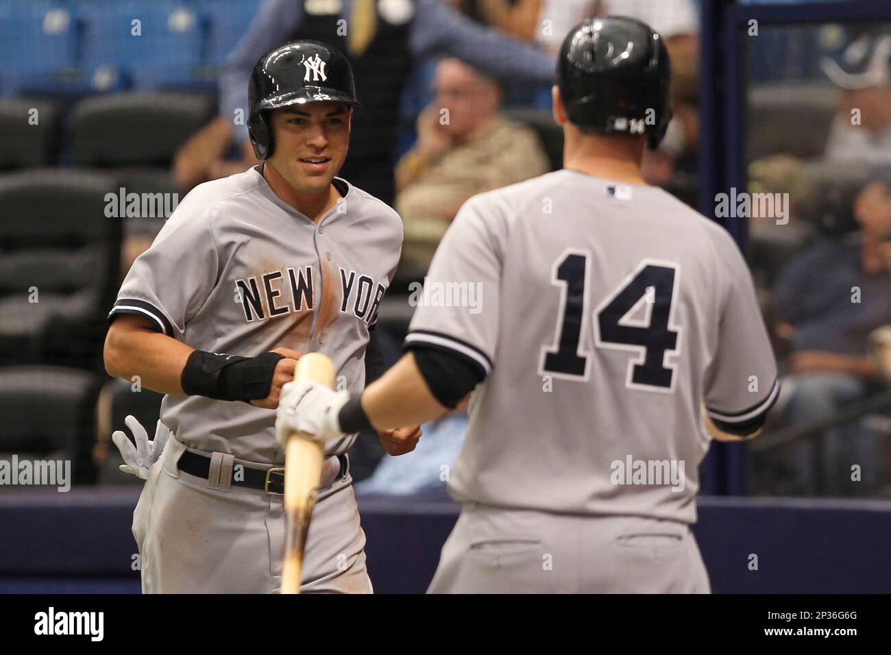 19 April 2015: New York Yankees center fielder Jacoby Ellsbury (22) is congratulated by New York ...