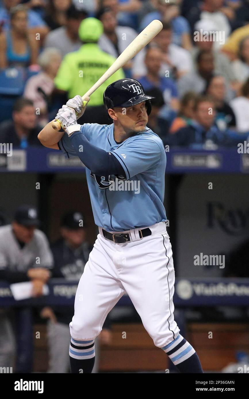 19 April 2015: Tampa Bay Rays left fielder Brandon Guyer (5) at bat ...