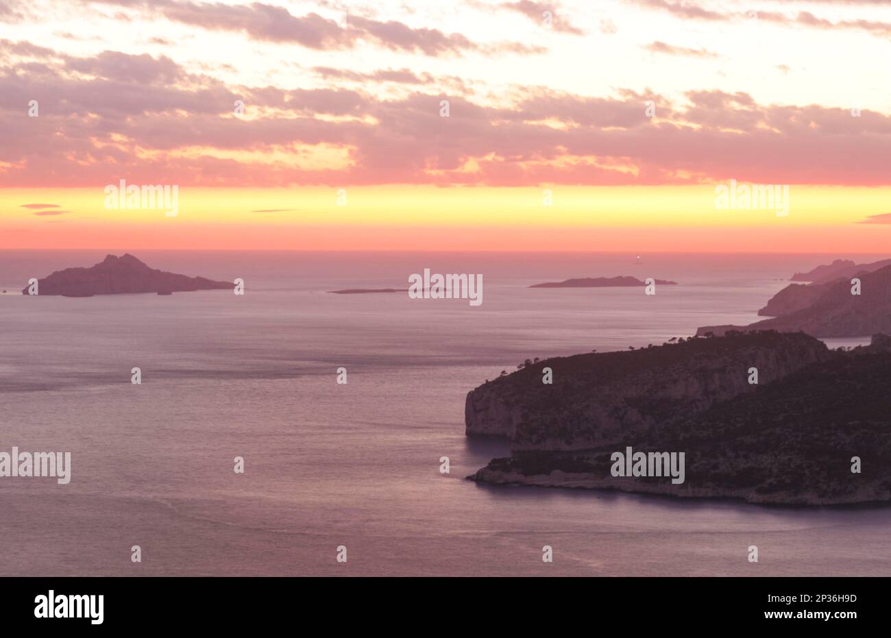 Sunset in front of the Calanques and Cassis, Bouches-du-Rhone, Provence ...
