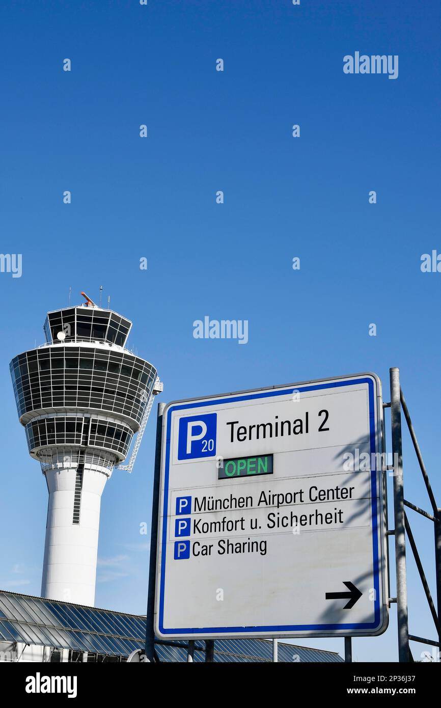 Signage parking at Munich Airport with Tower, Upper Bavaria, Bavaria ...