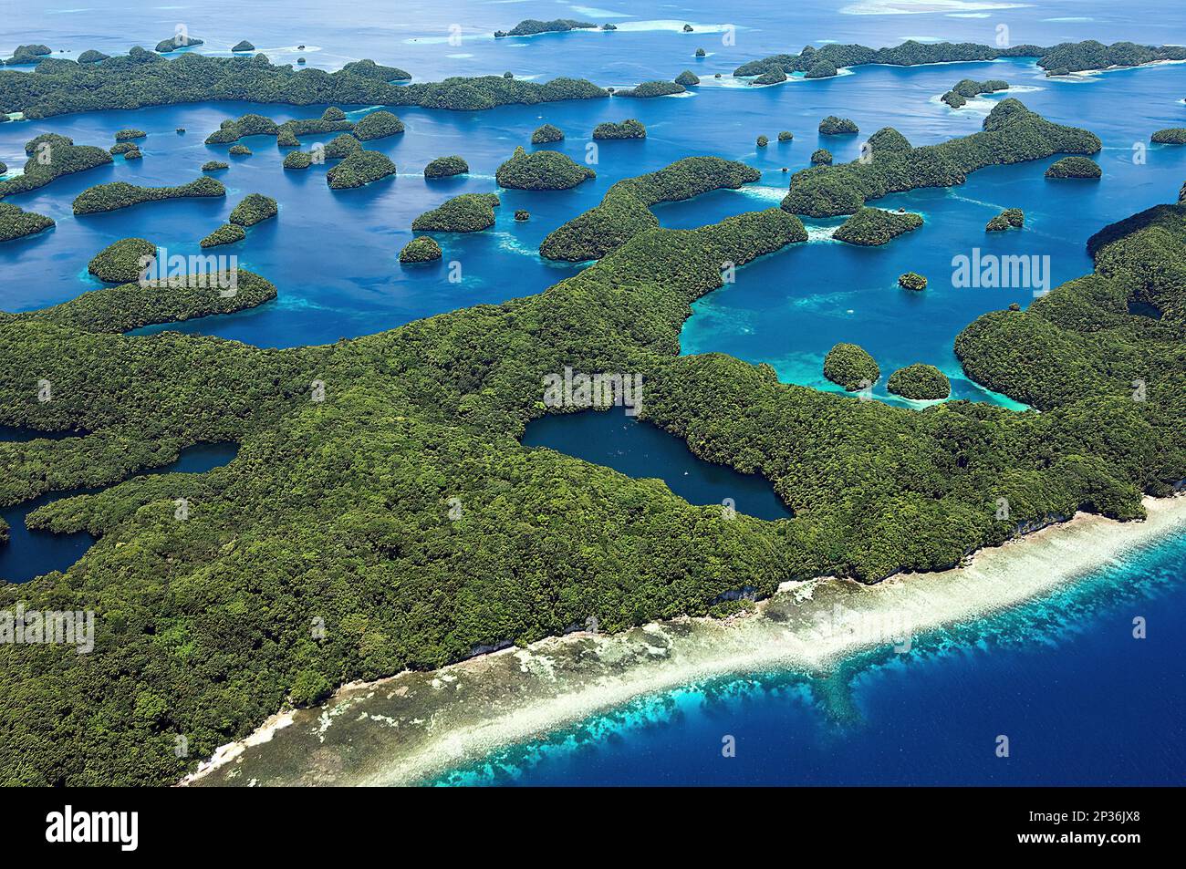 Aerial view of small tropical archipelago many small tropical green ...
