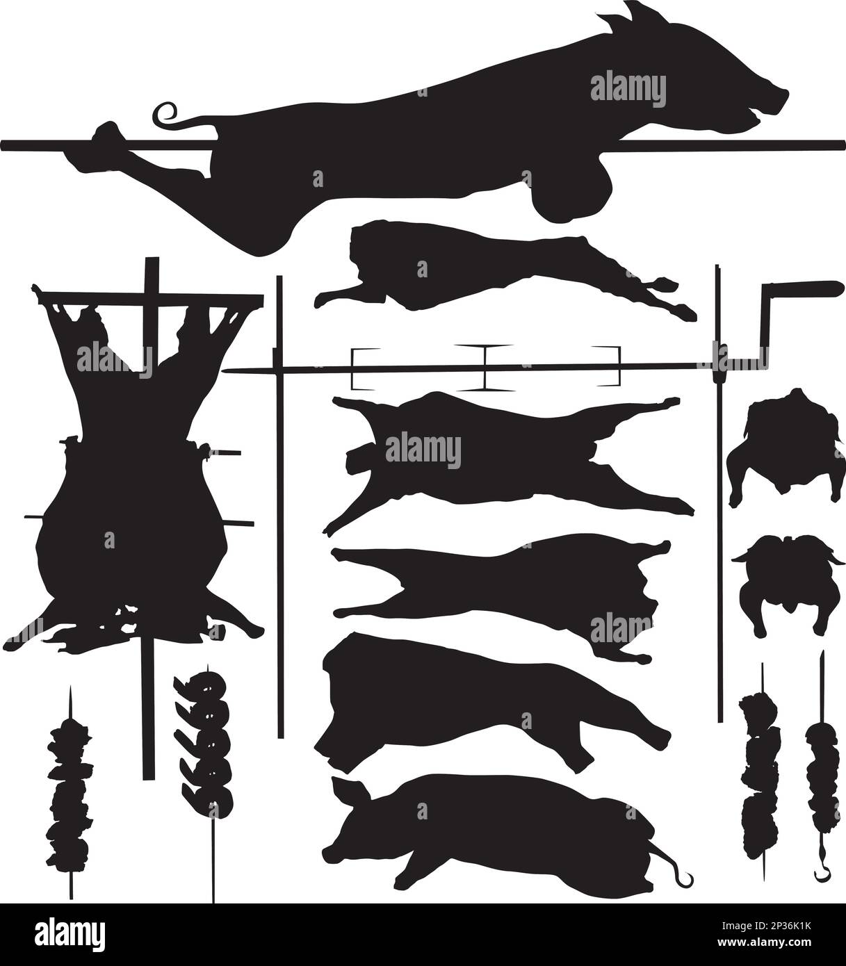 Barbecue (BBQ) meat vector silhouettes: pork, calf, lamp, poultry ...