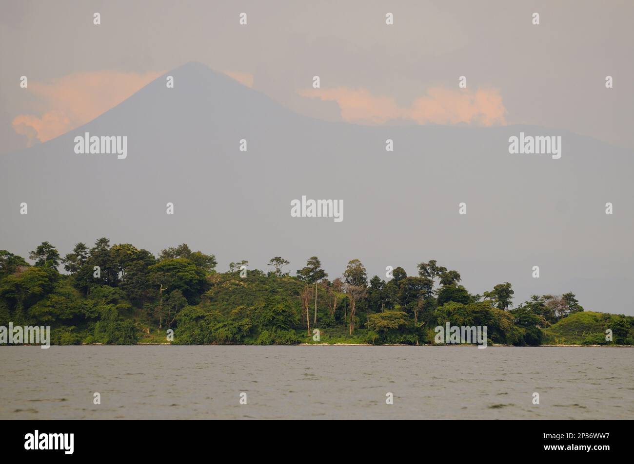 View of the lake with volcano in the distance, Lake Kivu, Albertine ...
