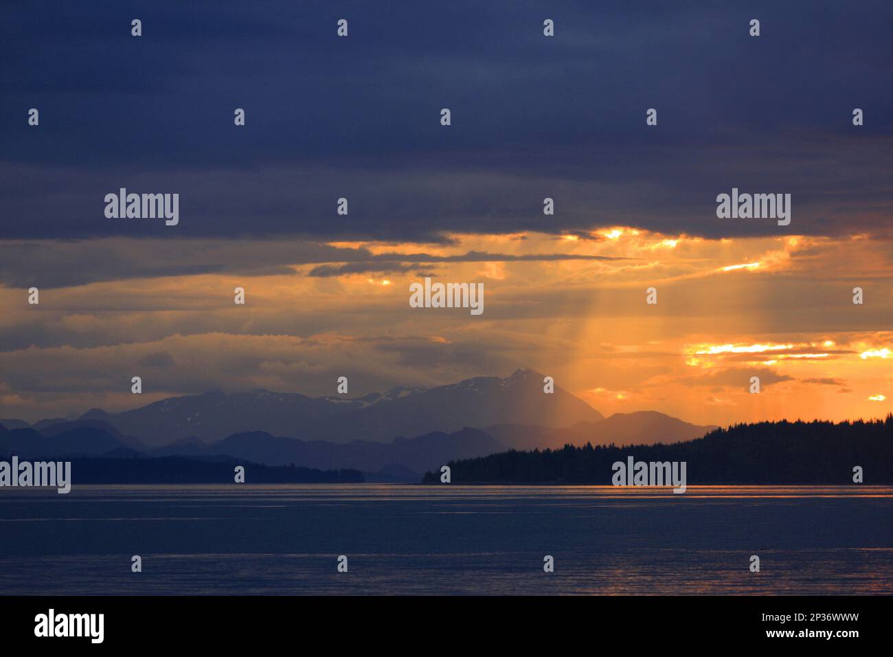 View of coastline and temperate coastal rainforest with sunbeams at ...