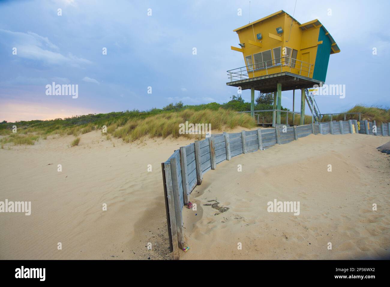 Lifeguard lookout tower on the beach, entrance to the lakes, Victoria ...