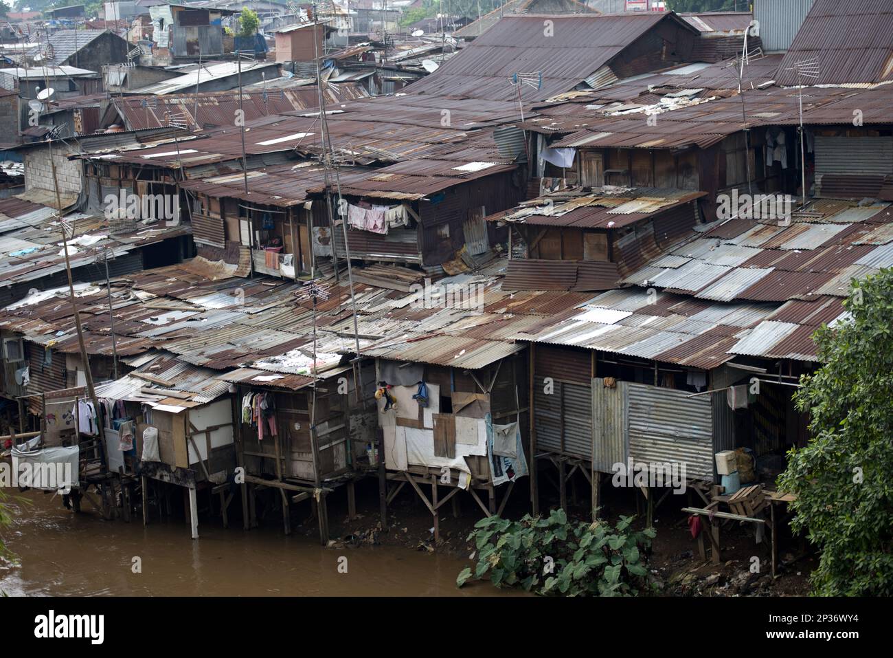 Stilted shacks with corrugated iron roofs beside river in city ...
